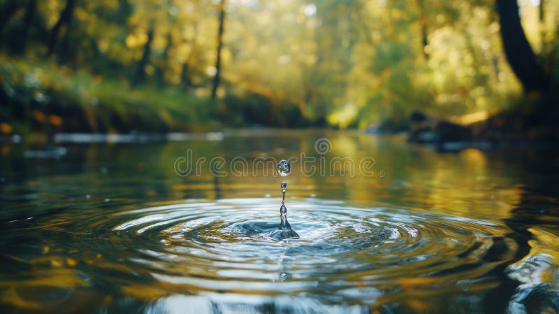 A Single Water Drop Falls into a Calm Stream in a Peaceful Forest ...