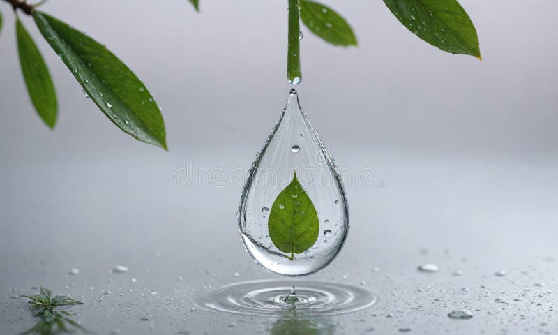 A Single Water Drop Falls from a Leaf, Capturing a Small Leaf Inside ...