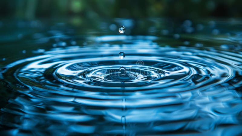 A Single Water Droplet Creates Ripples on a Calm Blue Surface Stock ...