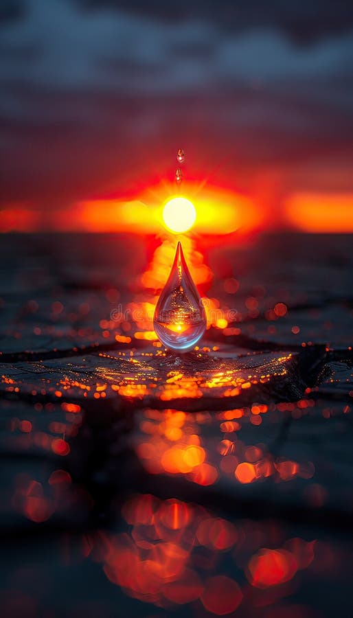 A Single Water Droplet Hovers on the Water Surface during Sunset Stock ...