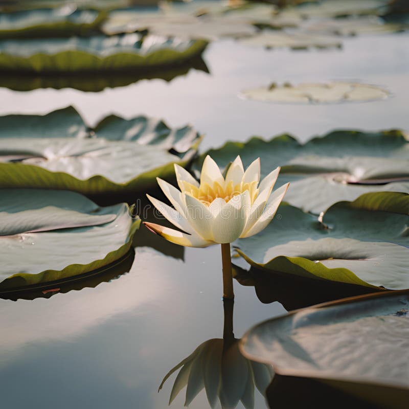 A Single Water Lily Blooms in a Still Pond Stock Image - Image of ...