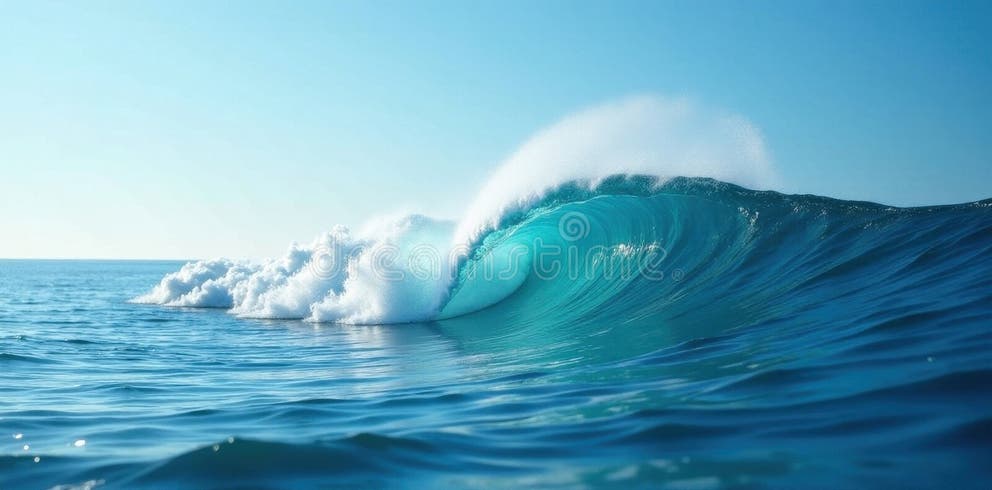 Single Wave Crest, Boundless Ocean, Clear Sky, Foam, Perspective Stock ...