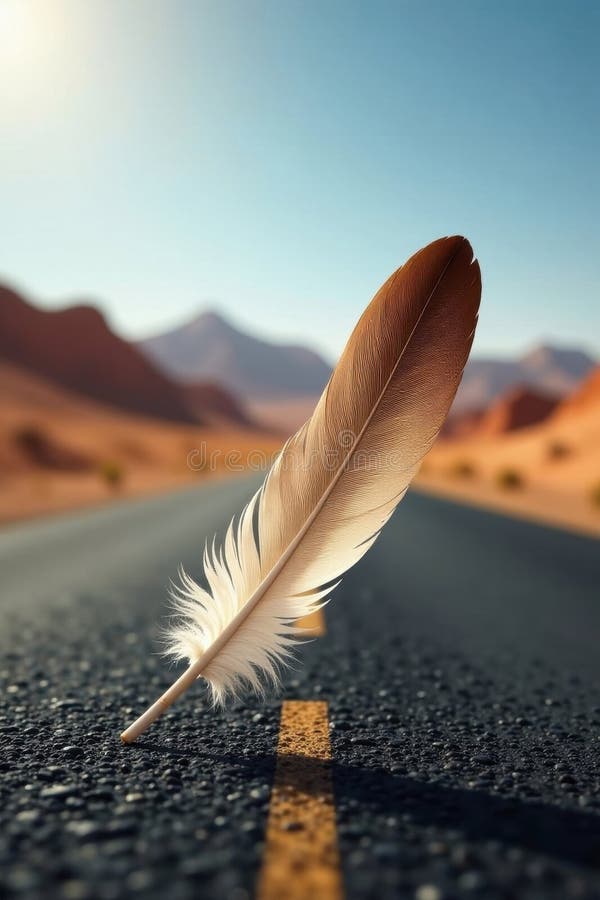 Single Weathered Feather on Asphalt Road, Desert Background, Isolated ...