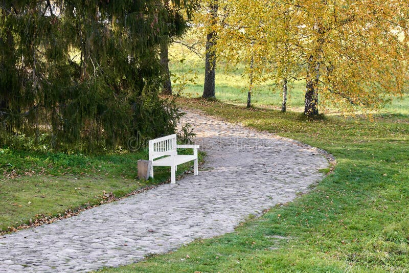 Single White Bench and Path Stock Image - Image of background, nature ...