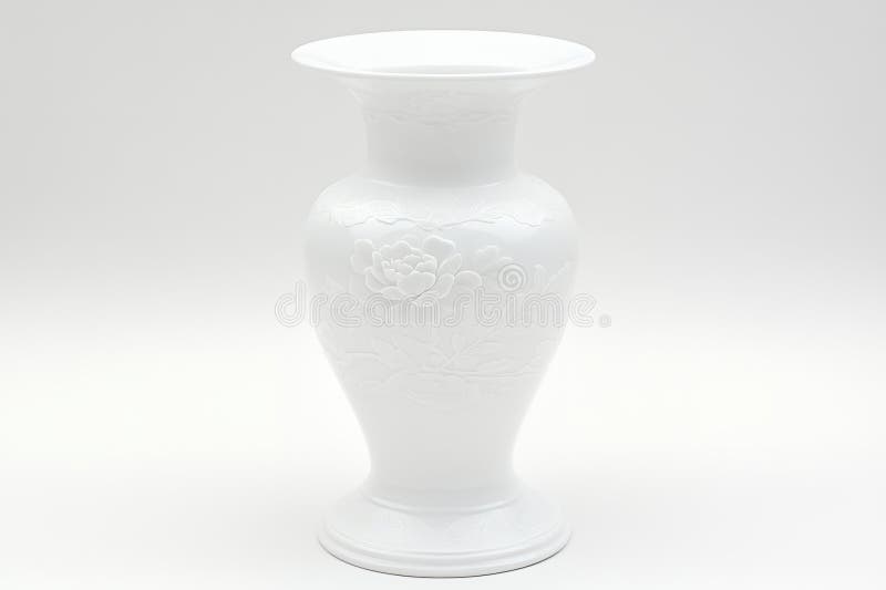 Single White Ceramic Vase with Floral Design Against a Plain White ...
