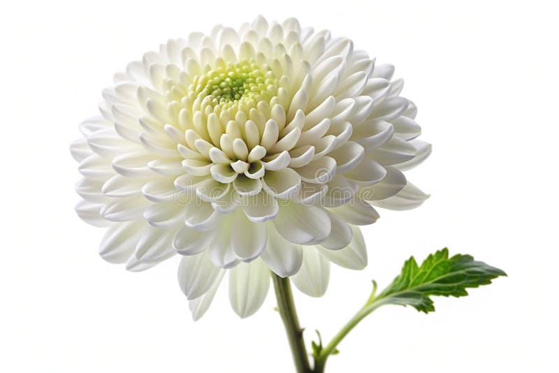 Single White Chrysanthemum Flower with Stem and Leaf Isolated on White ...
