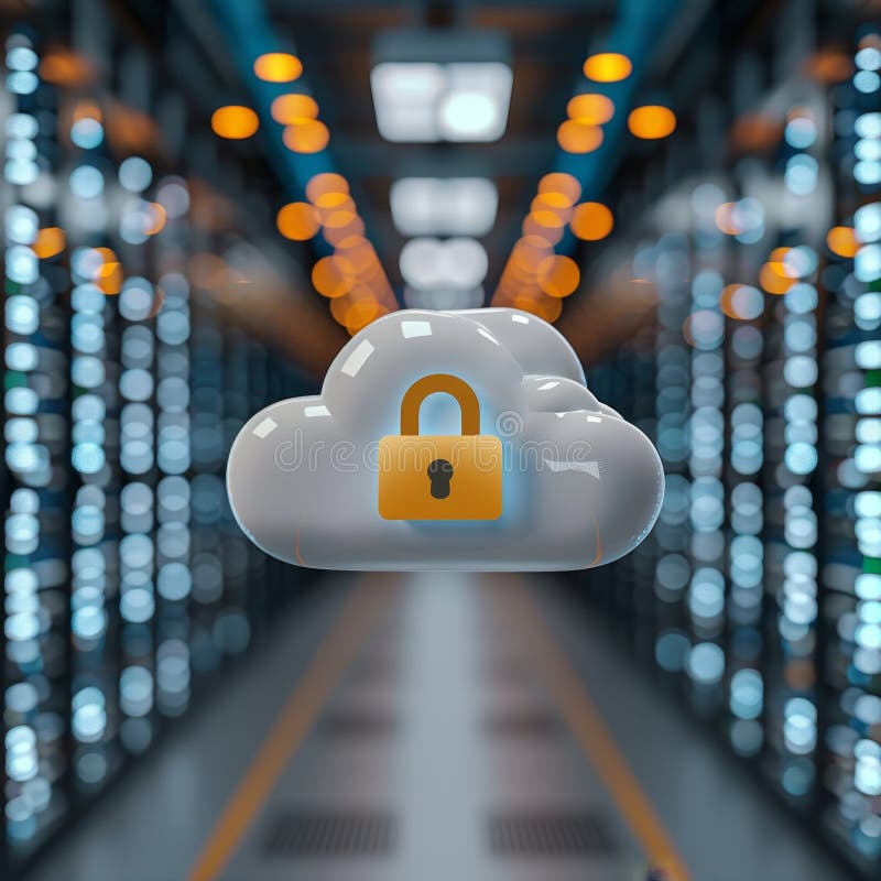 Single White Cloud with Gold Lock Icon in Server Room Surrounded by ...