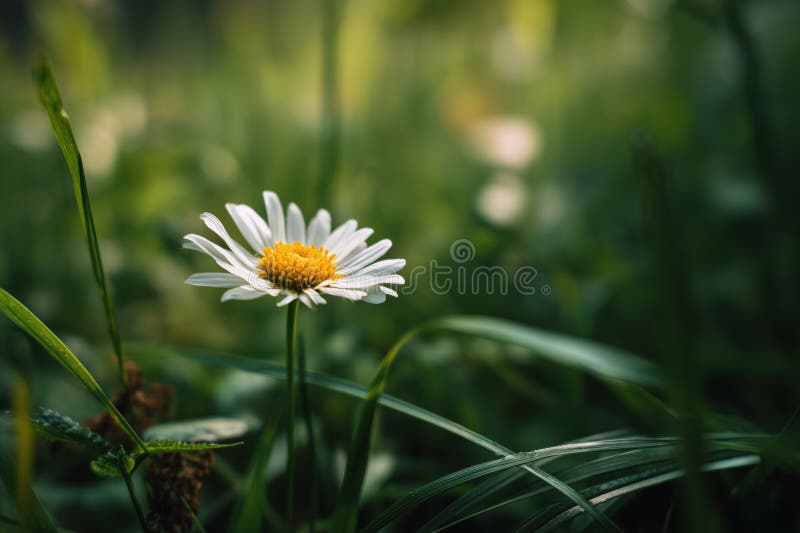 Single White Daisy Flower with Dew Drops in Lush Green Stock ...
