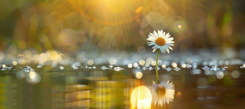 Single White Daisy Flower Reflected in Calm Water with Golden Light and ...