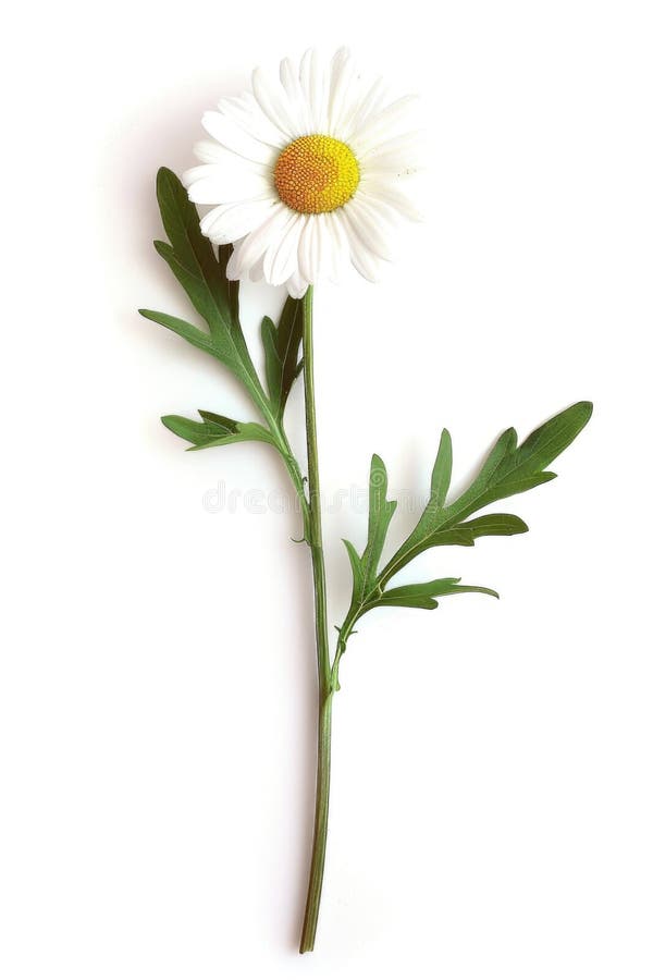 A Single White Daisy with Green Leaves Set Against a Clean White ...
