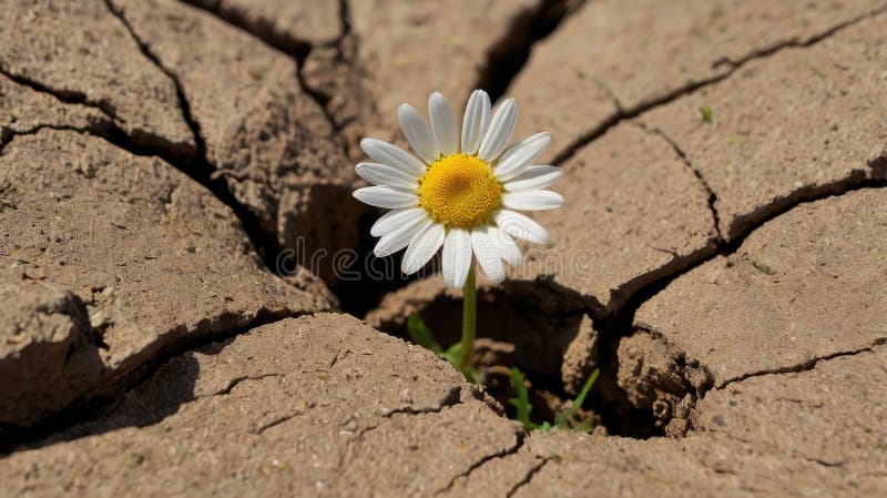 Single White Daisy Growing from Cracked, Parched Earth Close-Up Stock ...