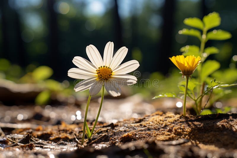 A Single White Daisy is Growing Out of the Ground in a Forest Stock ...