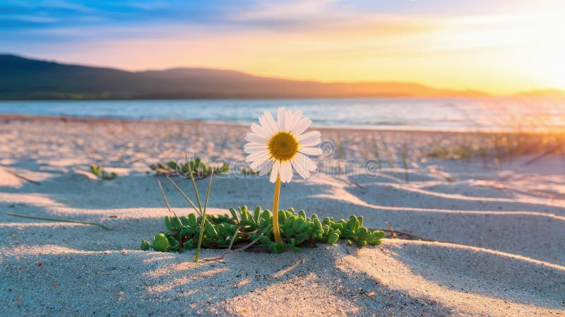 Single White Daisy in Sand at Sunset Beach with Tranquil Atmosphere ...