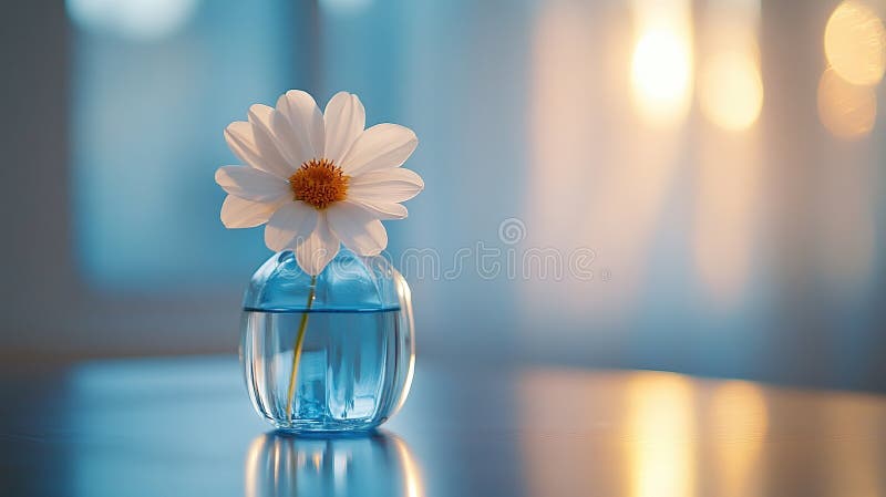 Single White Daisy in a Small Blue Glass Vase on a Reflective Surface ...