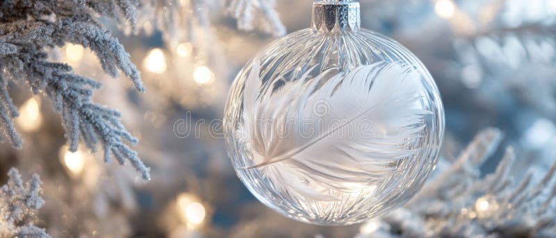 A Single White Feather Ornament Adorns a Frosted Christmas Tree Stock ...