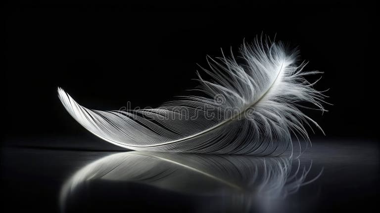 A Single White Feather S Delicate Curvature Reflected on a Dark Surface ...
