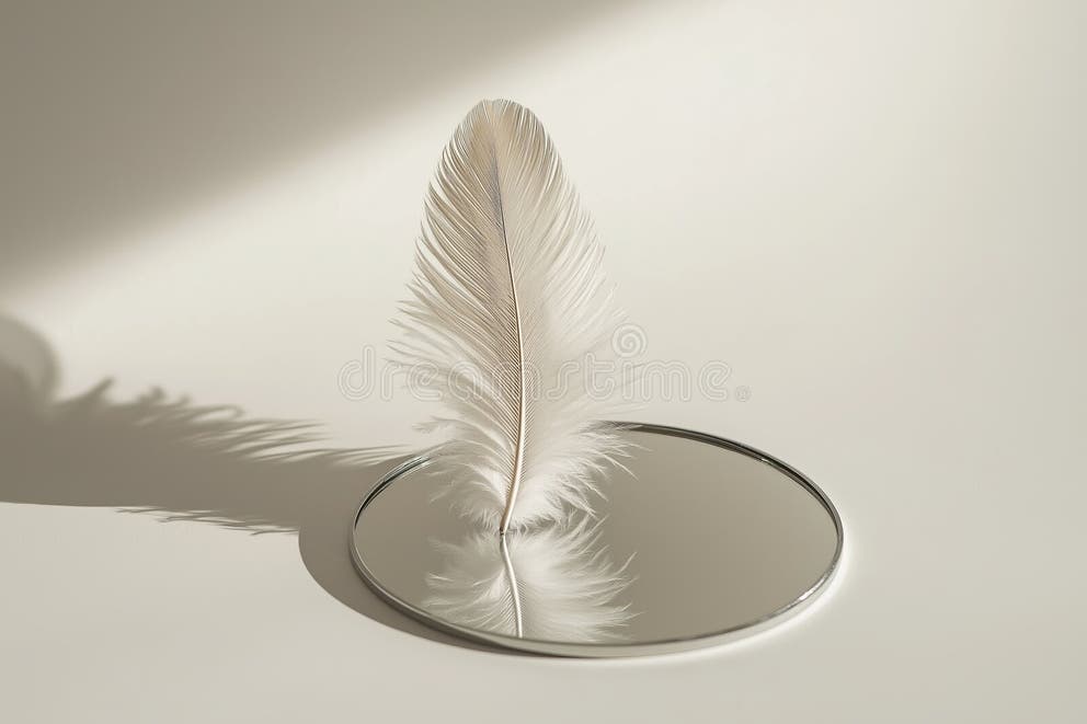 Single White Feather Standing Upright on a Mirror in Soft Light Stock ...