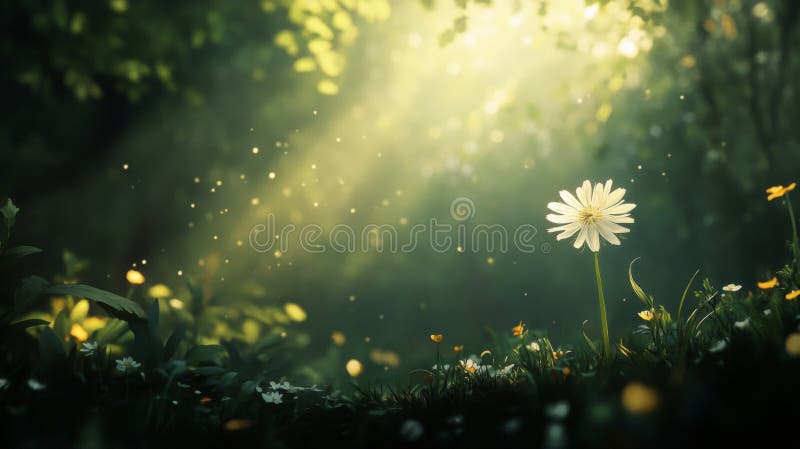 Single White Flower Blossoms in a Sunlit Forest Stock Illustration ...