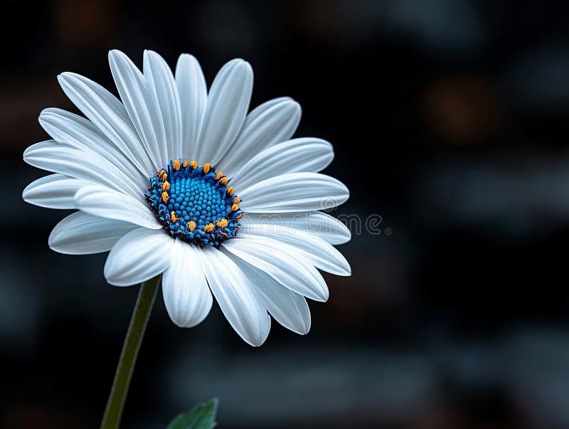 A Single White Flower with a Blue Center on a Black Background Stock ...