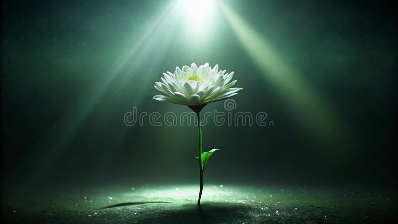 Single White Flower Illuminated by a Dramatic Spotlight on a Dark ...