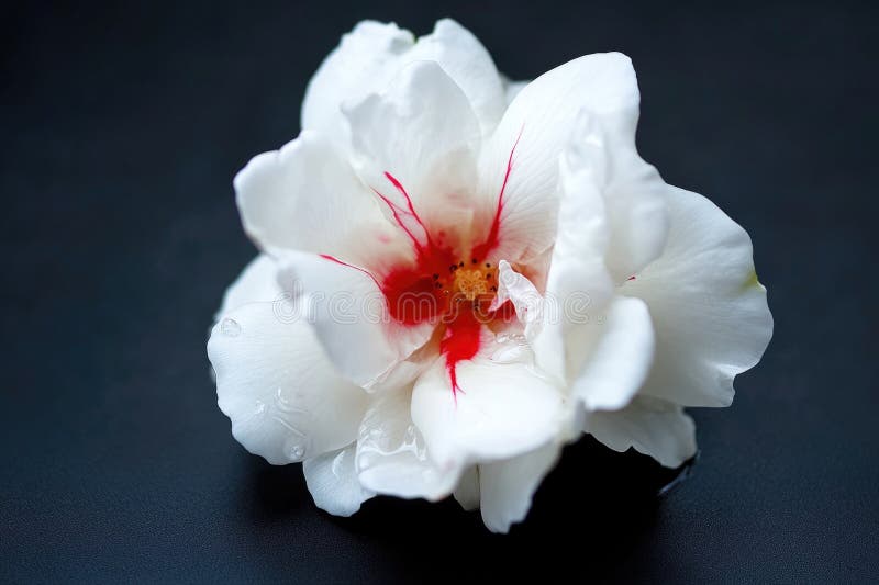 A Single White Flower with a Red Center Sits on a Black Surface ...