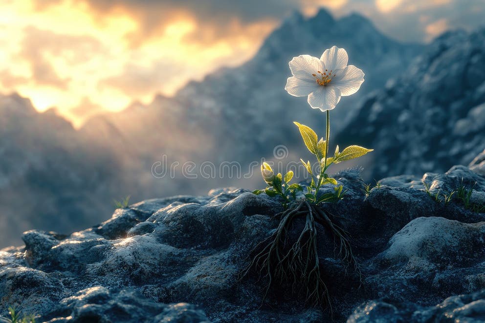 A Single White Flower with the Roots are Rooted in the Cliff Face Stock ...