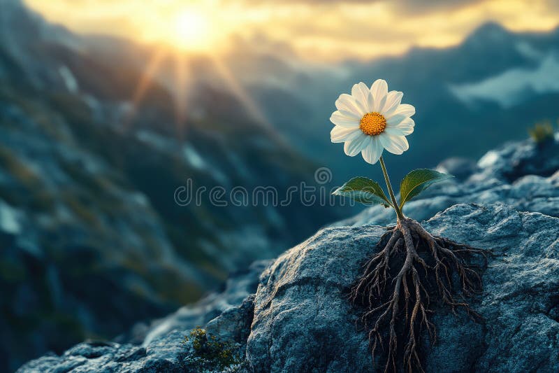 A Single White Flower with the Roots are Rooted in the Cliff Face on ...