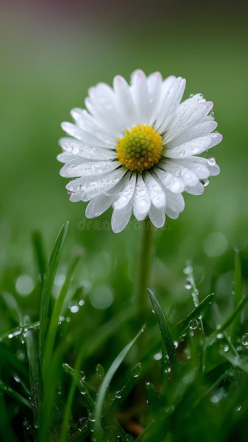 A Single White Flower with a Yellow Center in the Grass Stock Photo ...