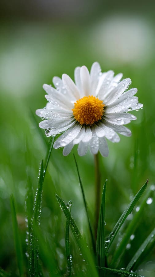 Single White Flower Yellow Center Sits Grass Stock Photos - Free ...