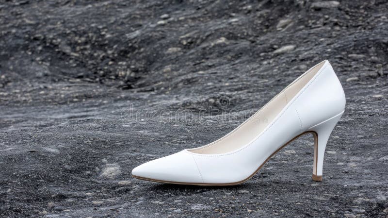 Elegant White High Heel Shoe on Textured Rocky Surface, Blending Style ...