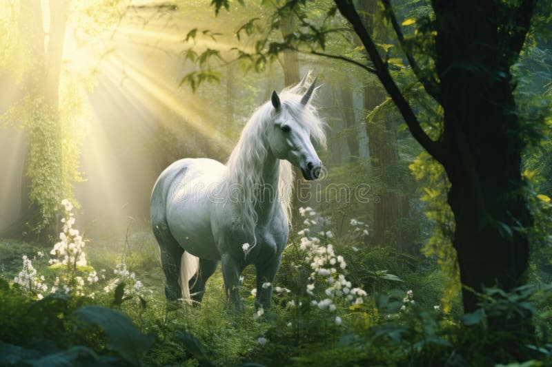 A Single White Horse Standing Amidst Trees in a Dense Forest Stock ...