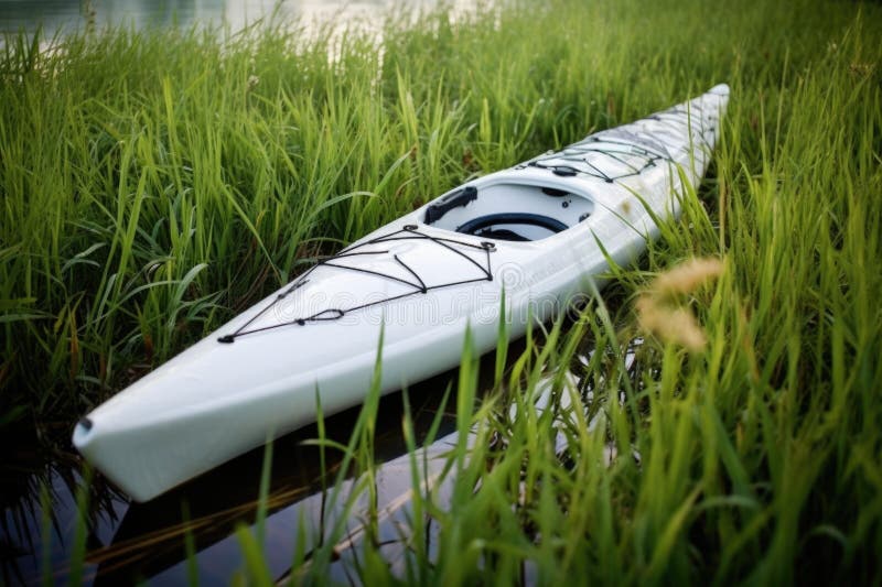 A Single White Kayak Resting on Dewy Grass Stock Image - Image of ...