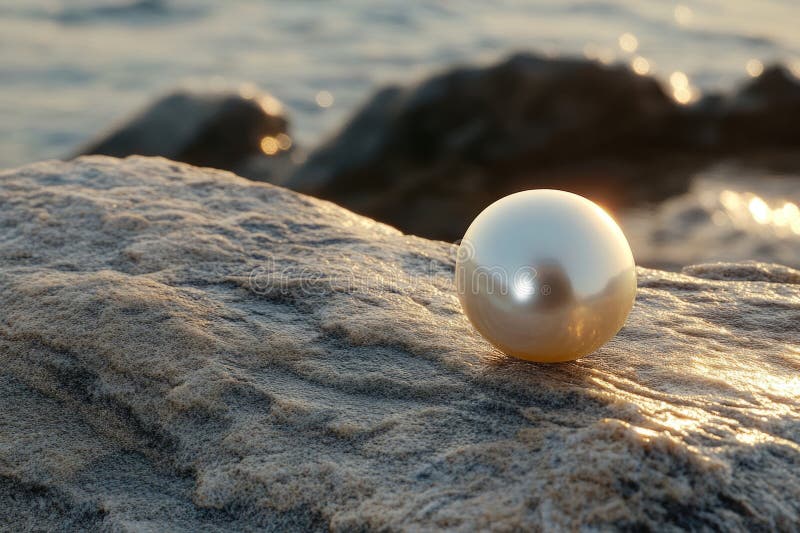 Single White Pearl on a Rock by the Sea, Reflecting the Golden Light of ...