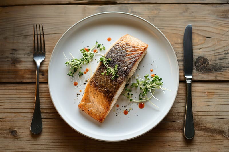 A Single White Plate with a Portion of a Piece of Seared Fish with a ...