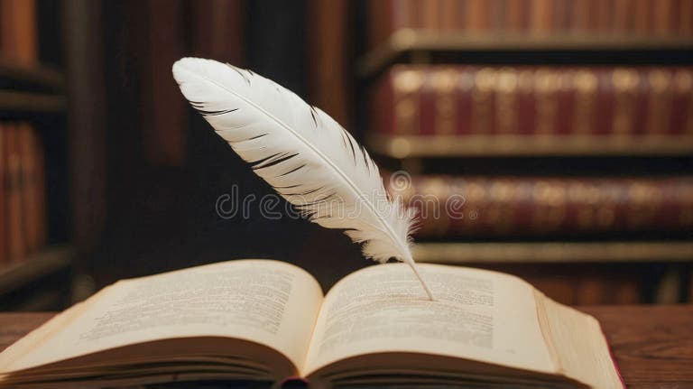 A Single White Quill Resting on an Open Book in a Library, Representing ...