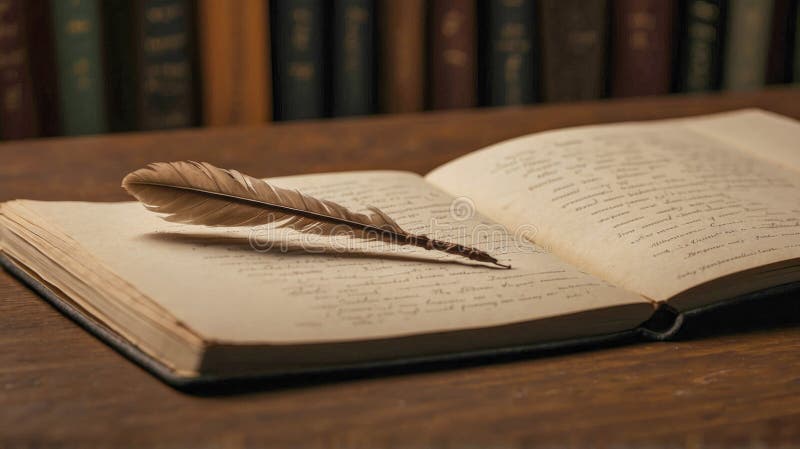 A Single White Quill Resting on an Open Book in a Library, Representing ...