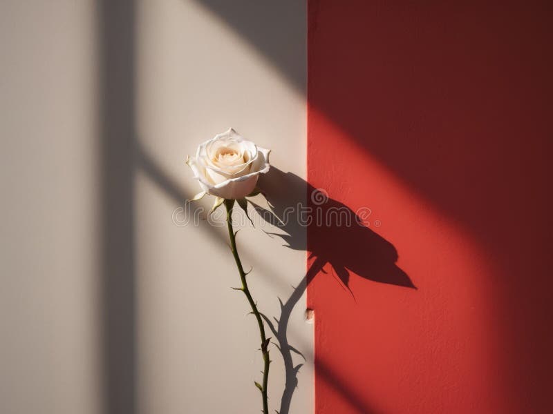 Single White Rose Casting Shadow on Vibrant Red Wall Evokes Beauty and ...