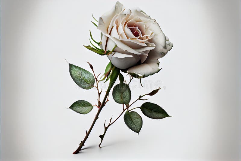 A Single White Rose with Green Leaves on a White Background with a ...