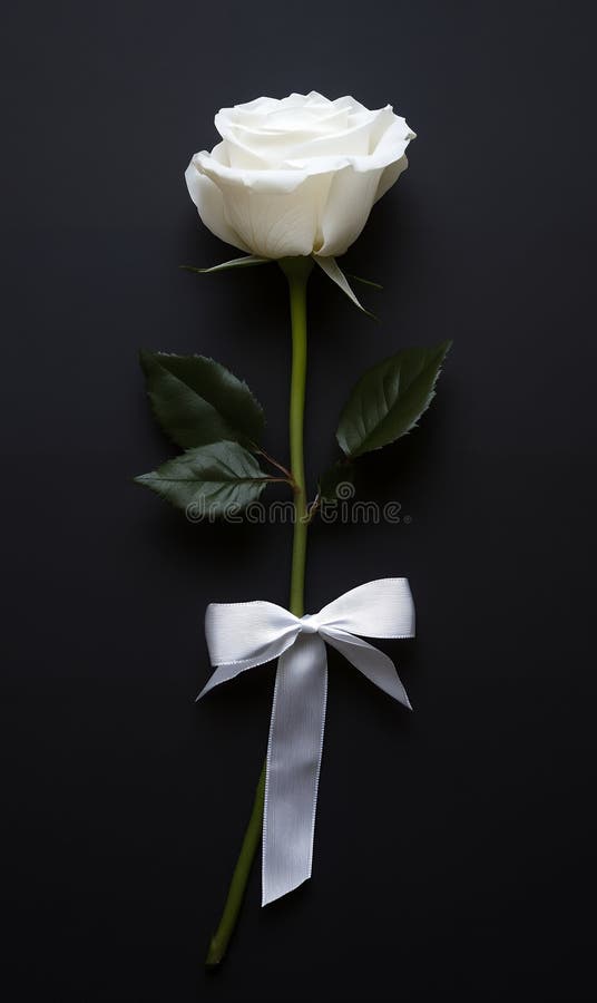 Single White Rose with White Ribbon Bow on Black Background Elegant ...
