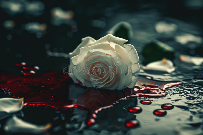 A Single White Rose Sits on a Wet Surface, Its Petals Slightly Drooping ...