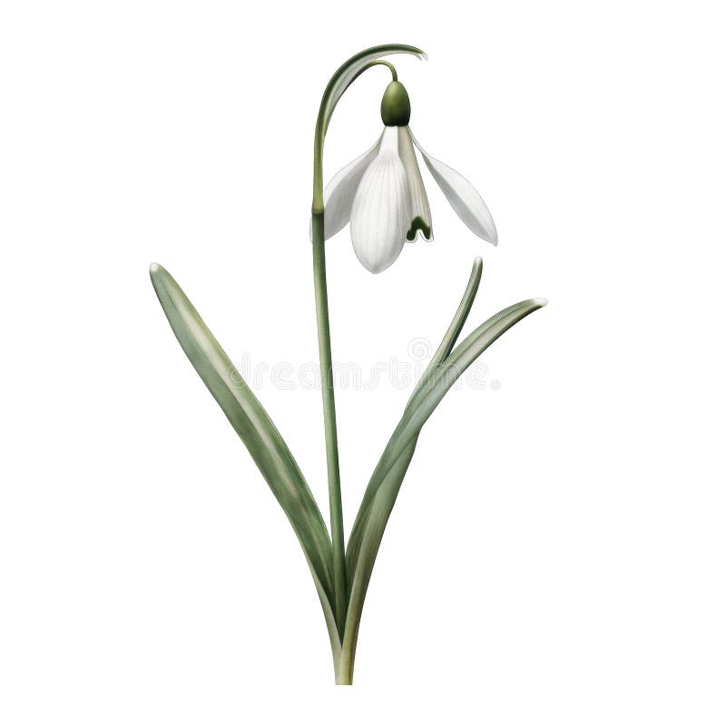 Single White Snowdrop Flower with Green Stem and Leaves Stock Image ...