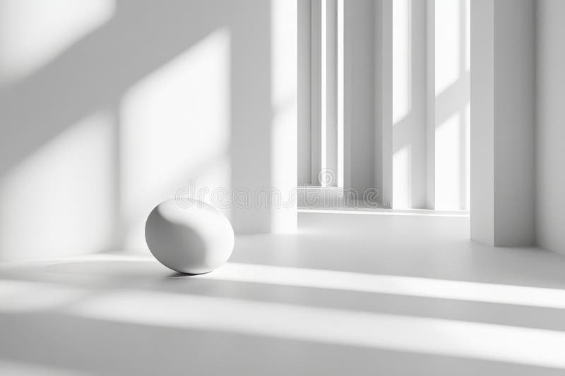 A Single White Sphere in a Minimalist White Room with Shadows Stock ...