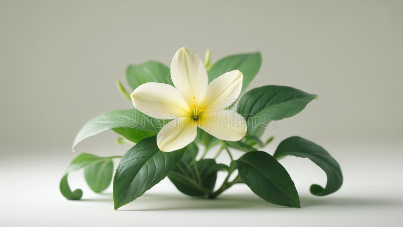 Single White Yellow Flower with Green Leaves Stock Photo - Image of ...