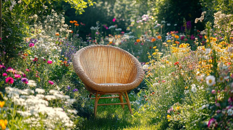 A Single Wicker Chair Styled in a Bright Garden Surrounded by ...
