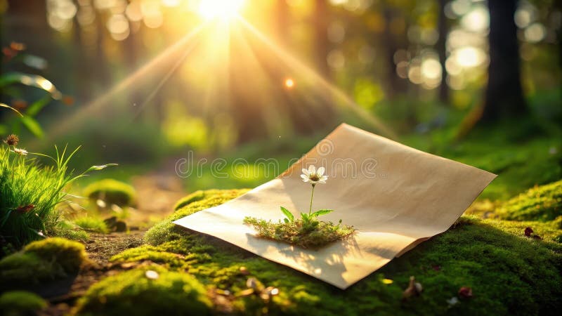 A Single Wildflower Emerges from a Patch of Moss Nestled on Kraft Paper ...