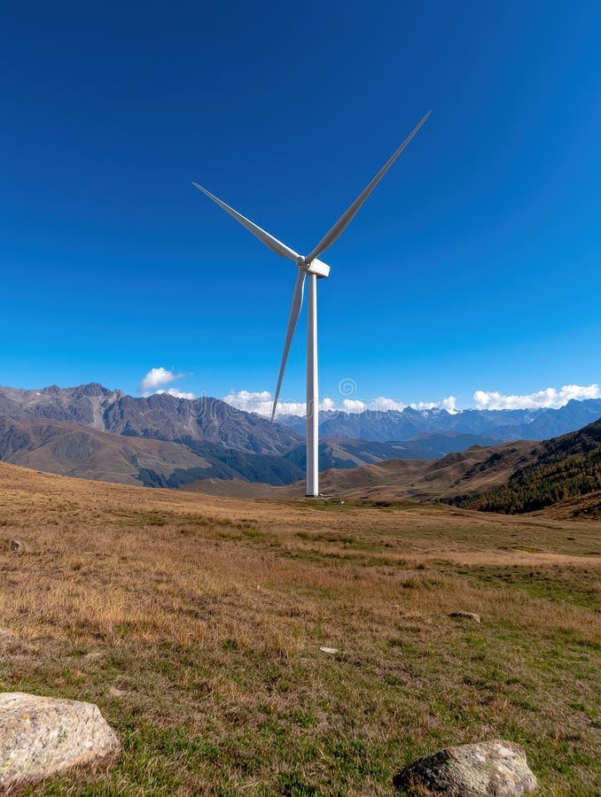 Single Wind Turbine on a Mountaintop Against a Clear Blue Sky Stock ...