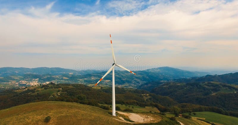 Single Wind Turbine in Green Field Against Dramatic Cloudy Sky, France ...