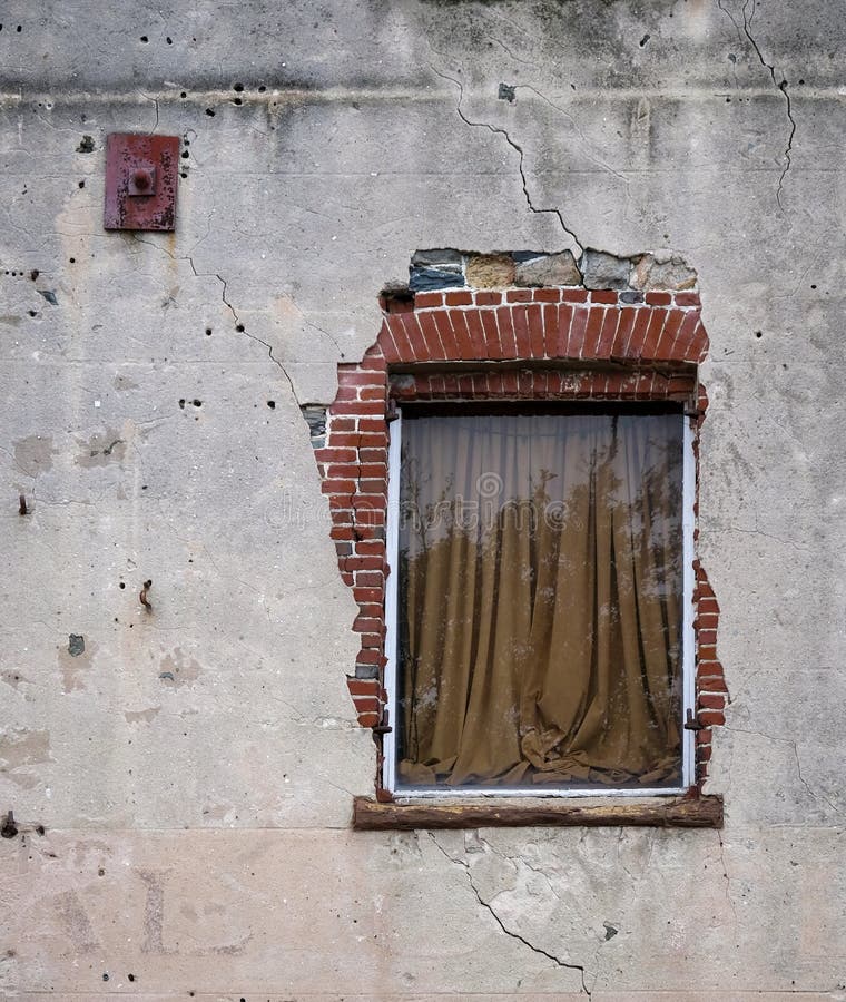 Single Window in Ancient Wall with Brick Revealed Erosion. Stock Image ...