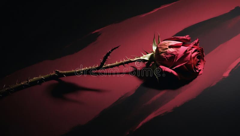 Single, Withered Red Rose Lays on Dark Red Background with Abstract ...