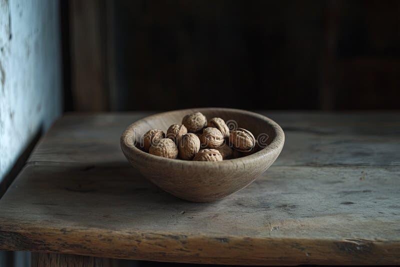 A Single Wooden Bowl Filled with Dried Walnuts, Styled on a Rustic ...